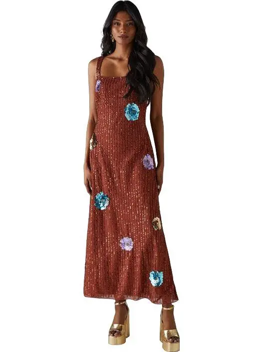 WAREHOUSE Hand Embellished Flower Burst Midi Dress - Rust