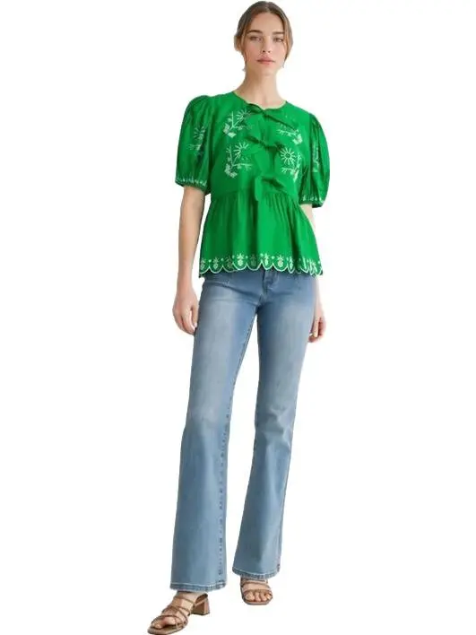 KNIT & LOUNGE Embroidered Puff Sleeve Blouse With Bow Detail - Green