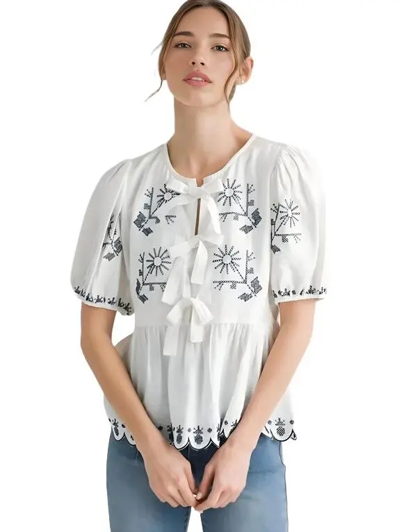 KNIT & LOUNGE Embroidered Puff Sleeve Blouse With Bow Detail - White