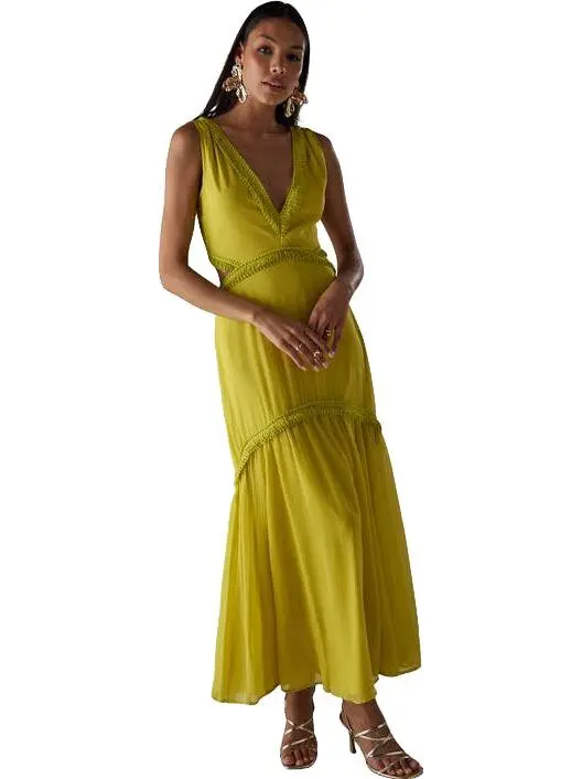 WAREHOUSE Chiffon Fringe Trim Cut-out Maxi Dress - Chartreuse