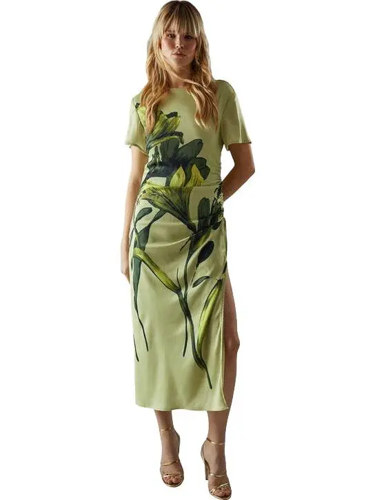 WAREHOUSE Placement Print Crinkle Midi Satin Dress - Lime Yellow
