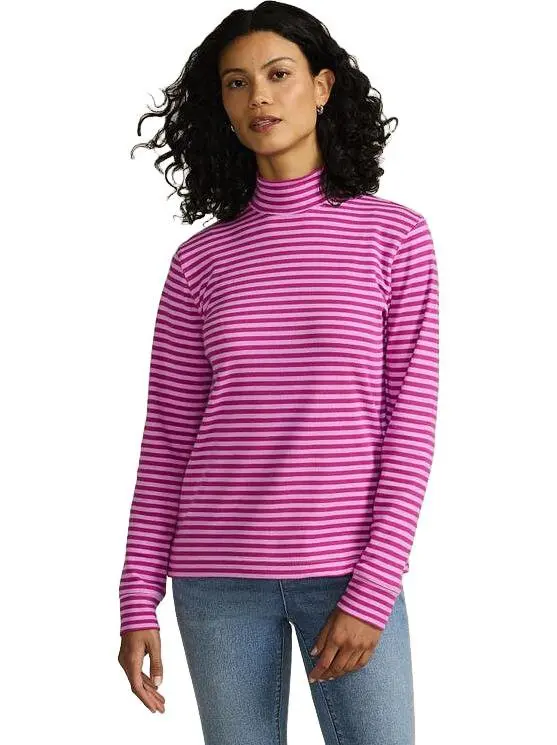 LANDS' END Relaxed Cotton Long Sleeve Mock Turtleneck - Aster Pink/raspberry Stripe