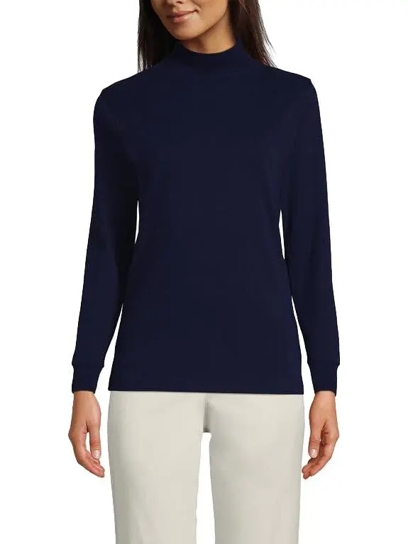 LANDS' END Relaxed Cotton Long Sleeve Mock Turtleneck - Deep Sea Navy