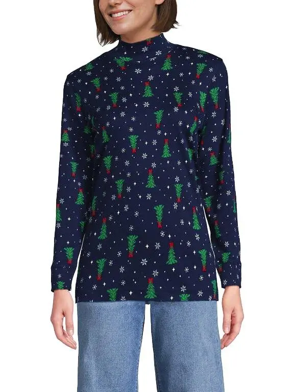 LANDS' END Relaxed Cotton Long Sleeve Mock Turtleneck - Navy Snowy Trees