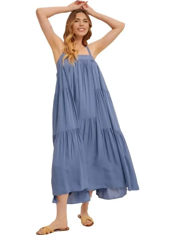 KNIT & LOUNGE Tiered Flowy Midi Dress With Pockets - Light Blue