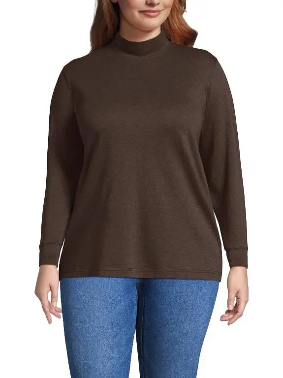 LANDS' END Relaxed Cotton Long Sleeve Mock Turtleneck - Bark Brown Heather