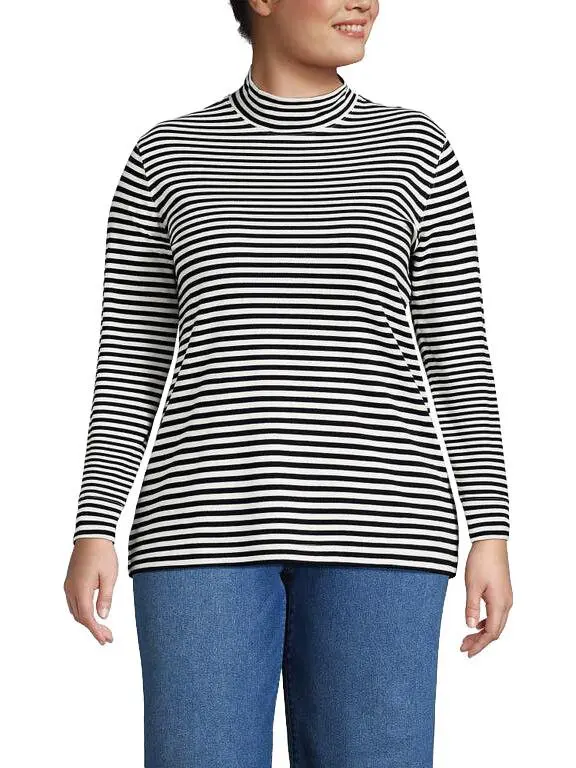 LANDS' END Relaxed Cotton Long Sleeve Mock Turtleneck - Black Even Stripe