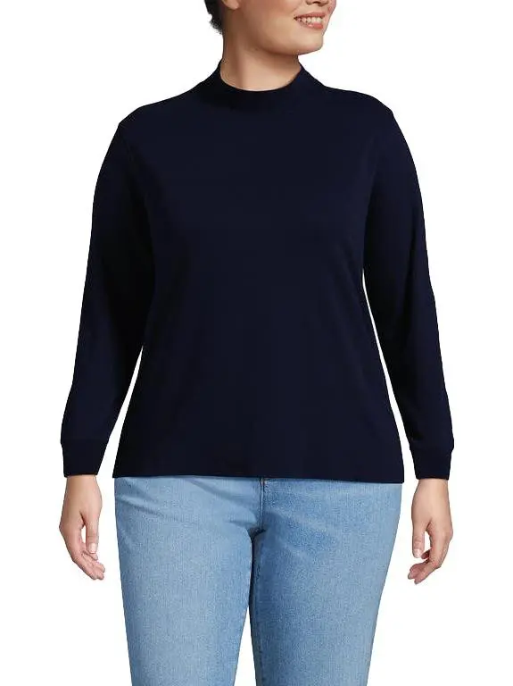 LANDS' END Relaxed Cotton Long Sleeve Mock Turtleneck - Deep Sea Navy