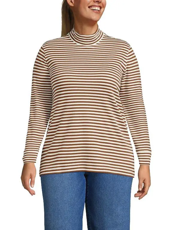 LANDS' END Relaxed Cotton Long-sleeve Mock Turtleneck - Rich Ginger/ivory Stripe