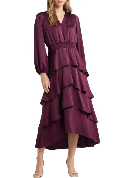 Anne Klein Long Sleeve Tiered High-low Satin Dress - Dark Chianti