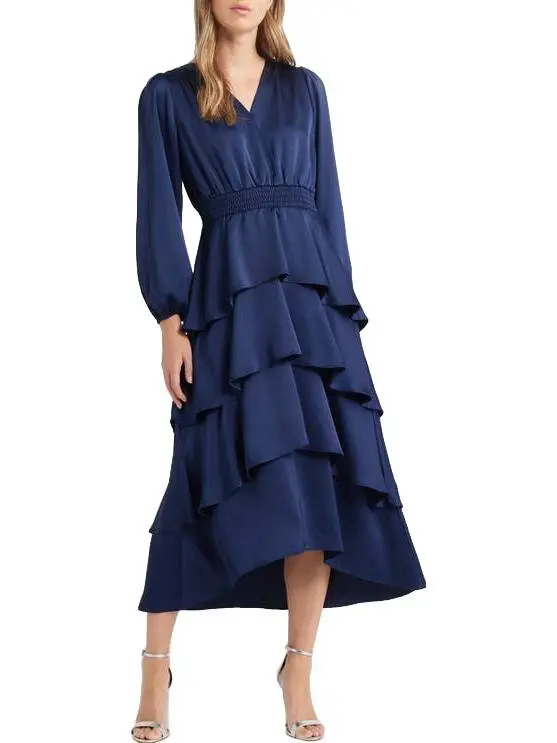 Anne Klein Long Sleeve Tiered High-low Satin Dress - Distant Mountain