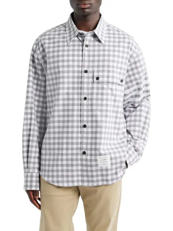 Thom Browne Oversize 4-bar Gingham Check Flannel Button-up Shirt - Medium Grey