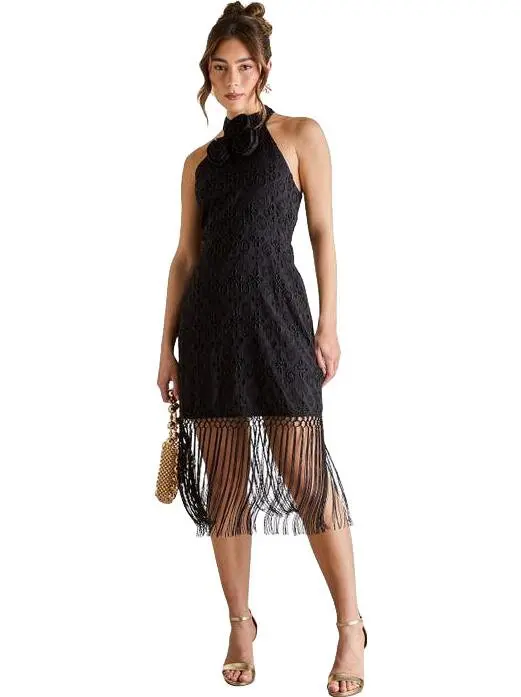 Coast Broderie Fringe Halter Dress - Black