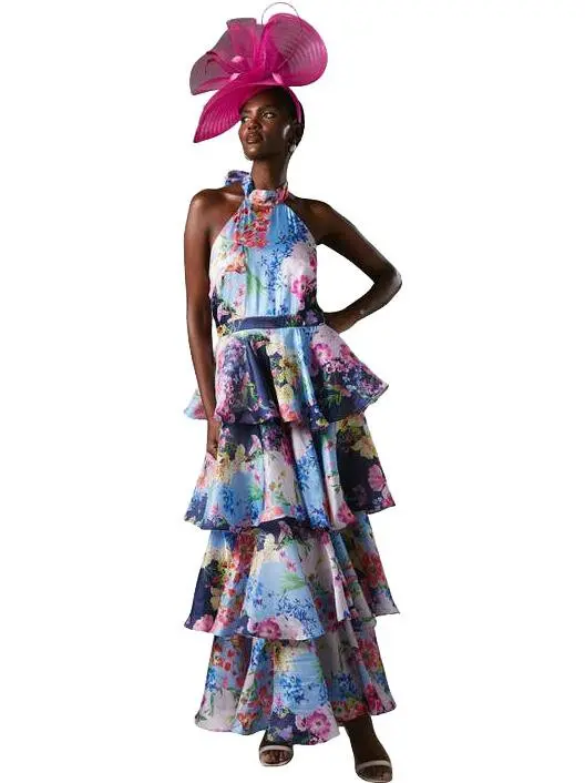 Coast Halterneck Floral Print Tiered Maxi Dress - Navy