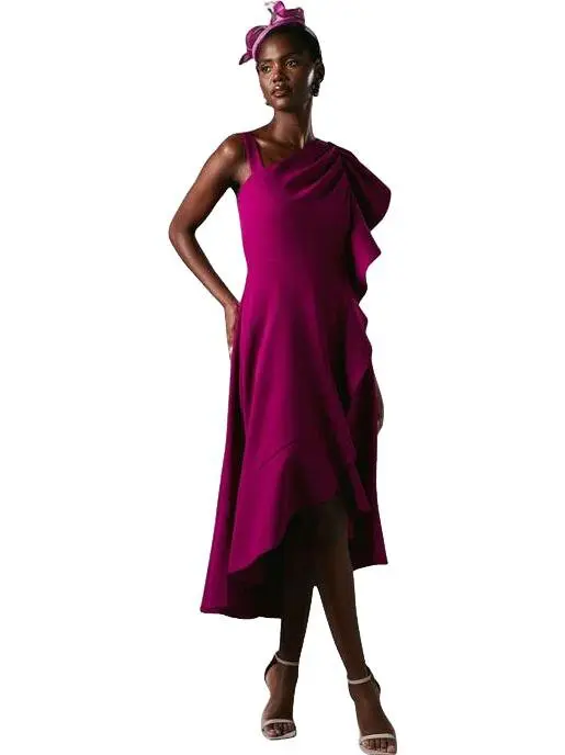 Coast One Shoulder Crepe Ruffle Midi Dress - Berry