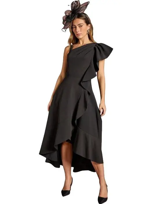 Coast One Shoulder Crepe Ruffle Midi Dress - Black