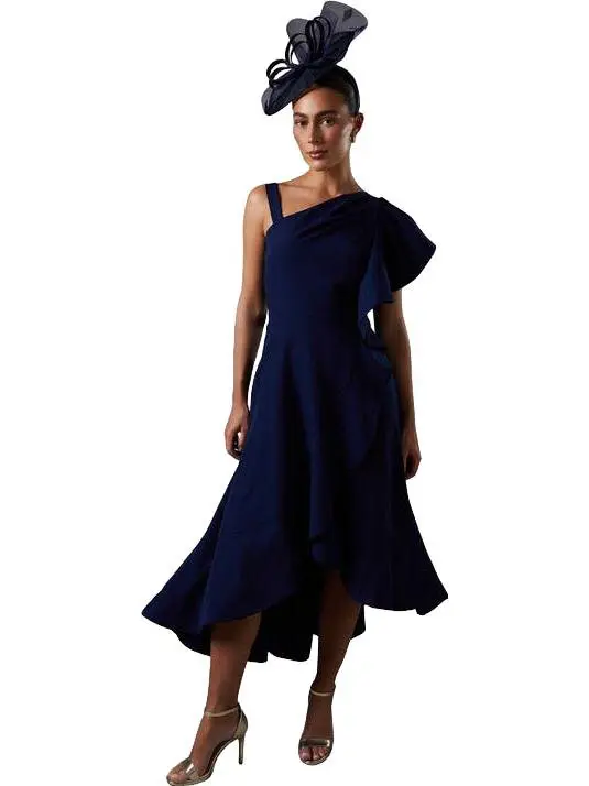 Coast One Shoulder Crepe Ruffle Midi Dress - Navy