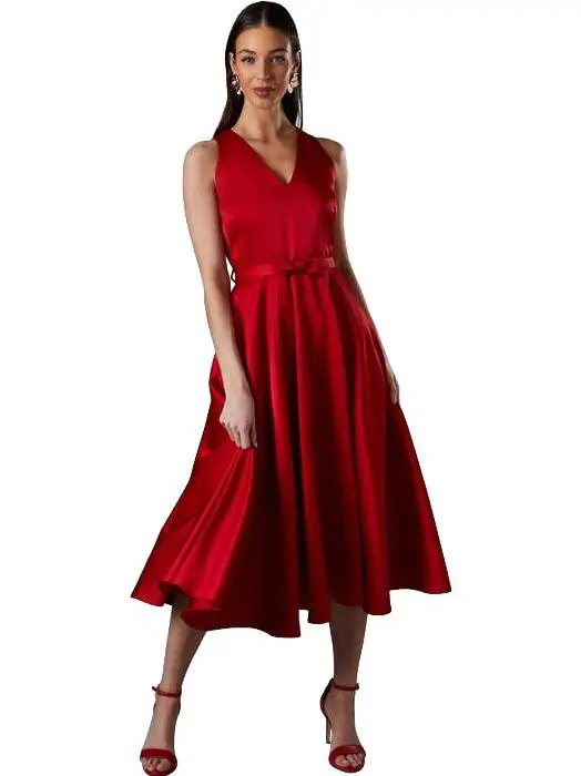 Coast V-neck Bow Trim Midi Dress - Red