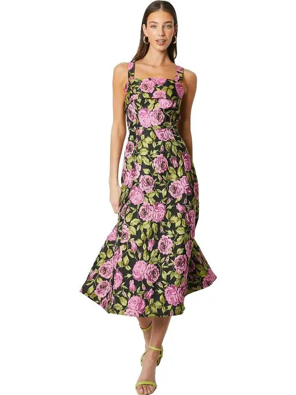 Coast Wide Strap Jacquard Floral Midi Dress - Black