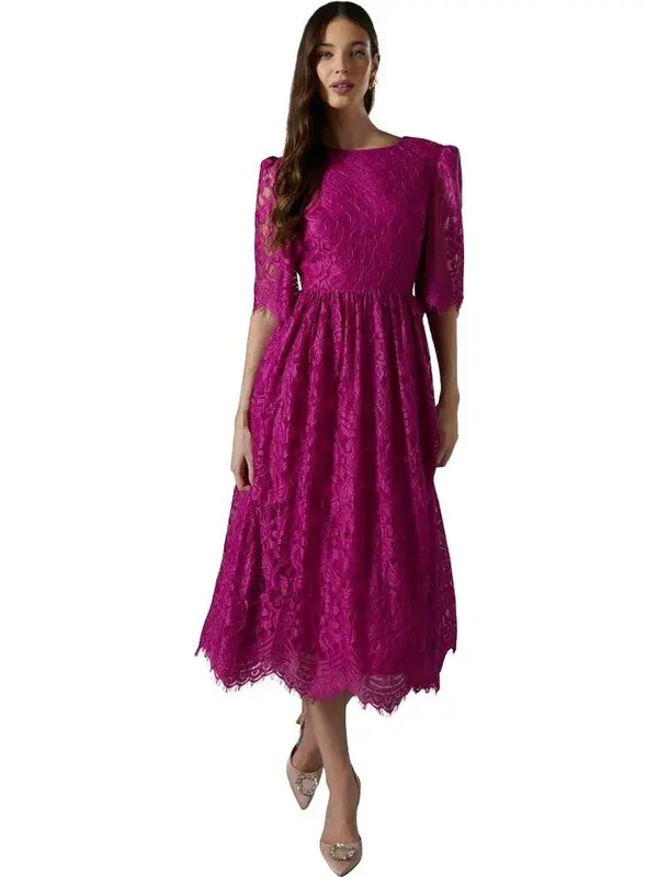 Coast Lace Short Sleeve Midi Fit And Flare Dress - Magenta