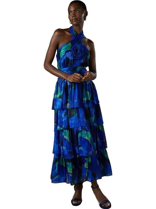Coast Halterneck Rose Detail Tiered Maxi Dress - Blue