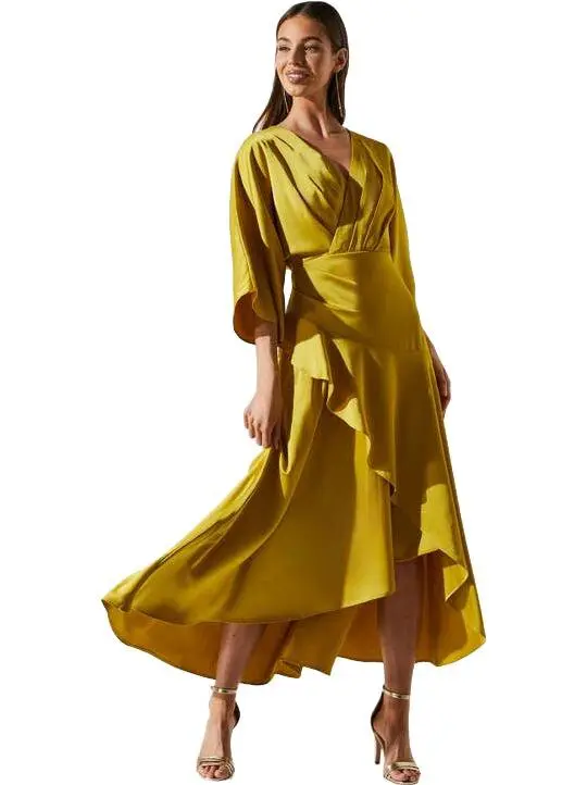 Coast Satin Crepe Ruffle Wrap Midi Dress - Olive