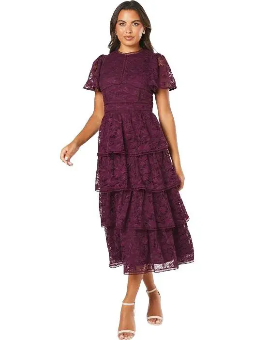 Coast Tiered Lace Flutter Sleeve Midi Dress - Plum