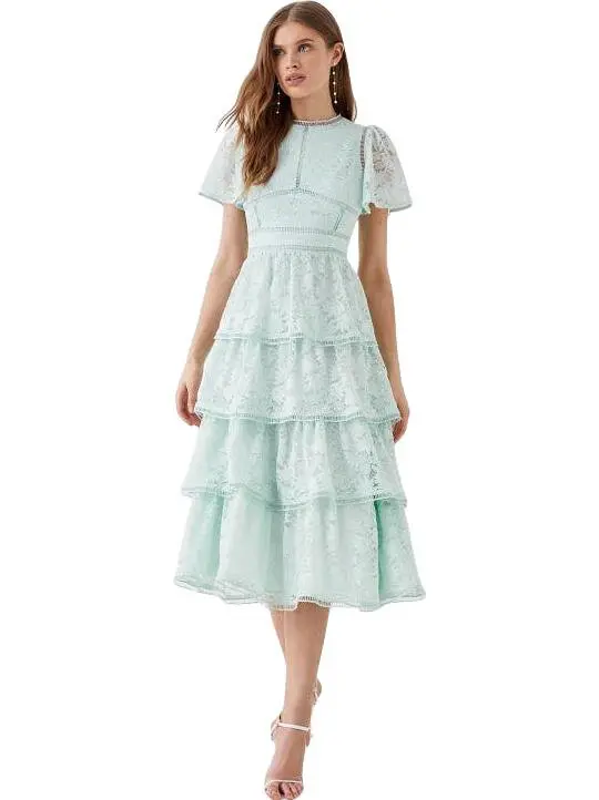 Coast Flutter Sleeve Tiered Lace Dress - Sage