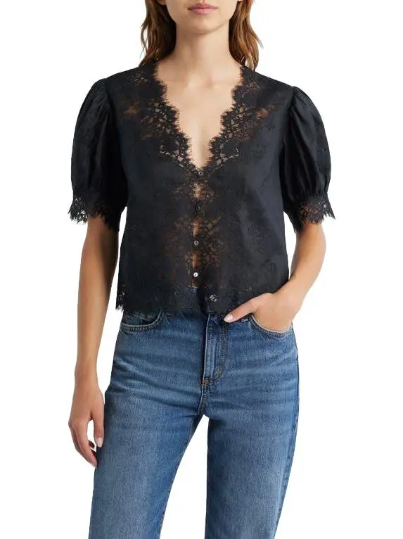 DÔEN Idella Lace-trim Ramie Top - Black