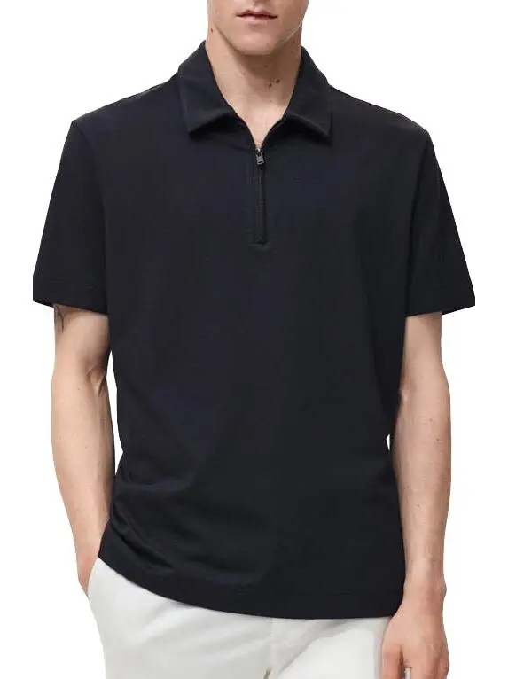 Mango Zip Cotton Blend Polo - Navy
