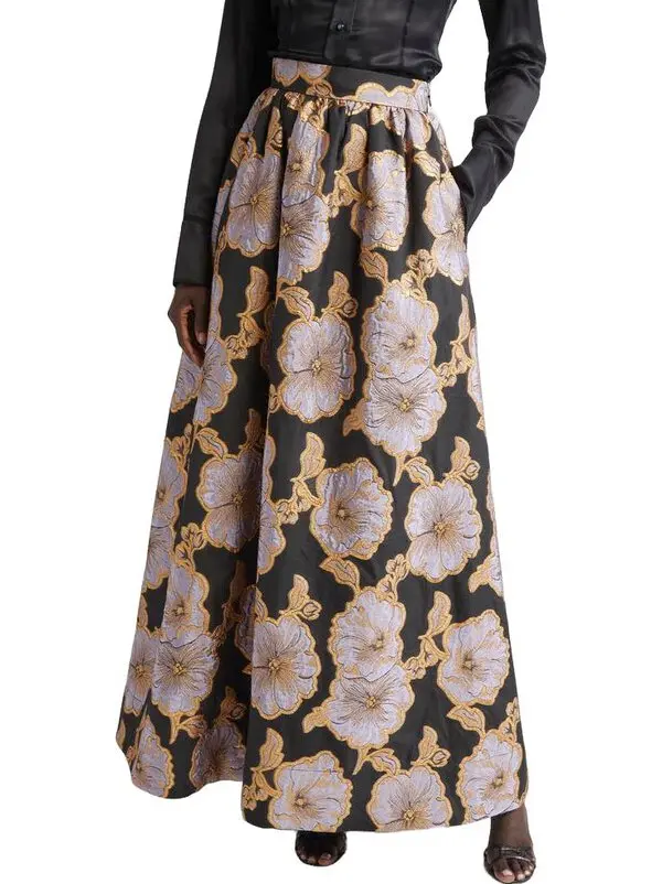 St. John Floral Jacquard Maxi Skirt - Black/hydrangea Multi