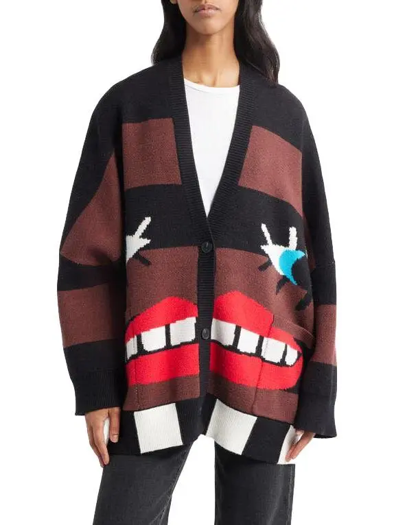 DRESSED IN LALA Oversized Intarsia Knit Cardigan - Brown/black