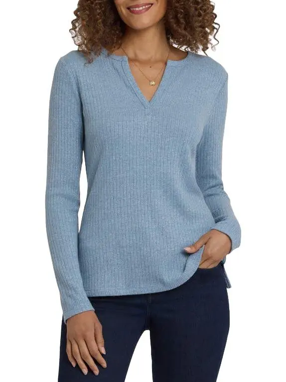NYDJ Metallic Rib Henley Top - Light Blue Heather