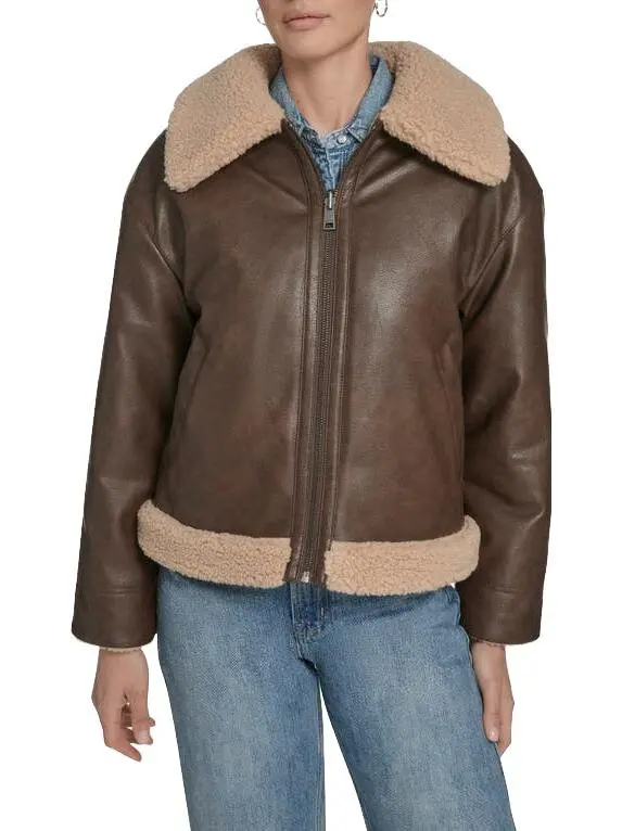 LEVI'S Reversible Faux Leather & Faux Shearling Jacket - Saddle