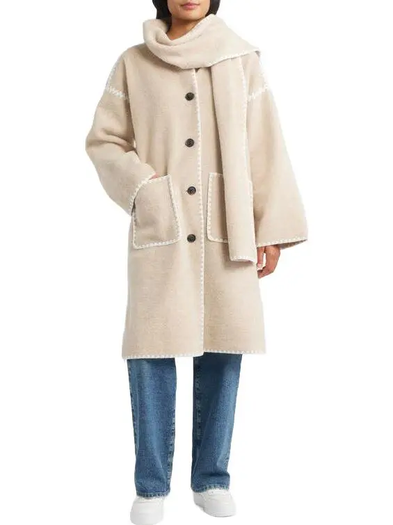 Bcbgmaxazria Embroidered Trim Long Scarf Coat - Oatmeal