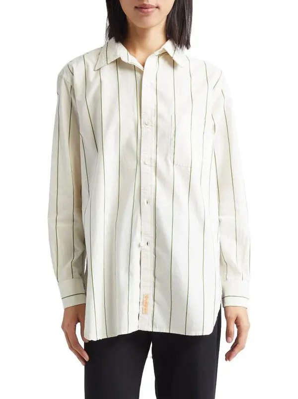 BODE Murray Stripe Cotton Button-up Shirt - Green/cream