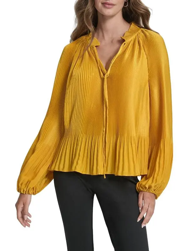 Dkny Pleated Tie-neck Satin Top - Sunset Yellow
