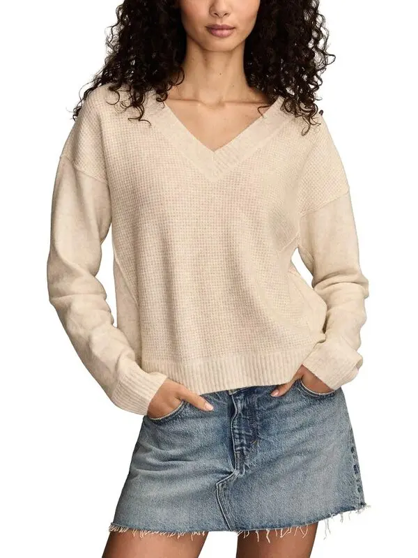 Lucky Brand Waffle Knit V-neck Pullover - Straw Heather