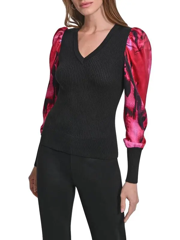 Dkny Mixed Media Long Sleeve Sweater - Black/neon Nights