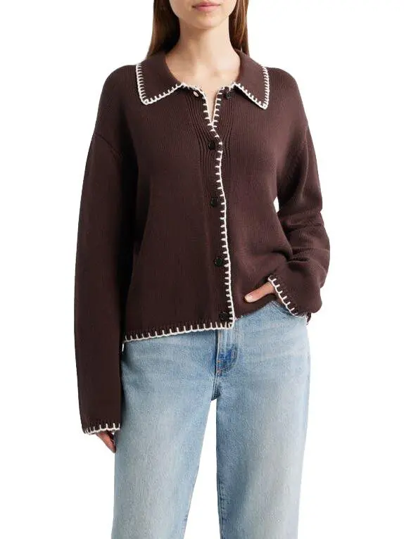 Rails Rayleen Collar Cotton Cardigan - Brown Ivory Blanket Stitch