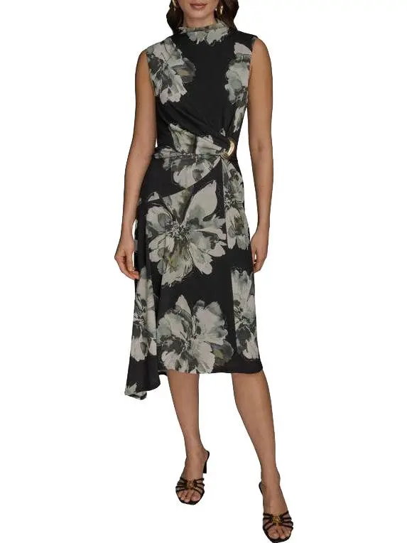 Donna Karan New York Floral Side Ruched Asymmetric Hem Dress - Black Multi