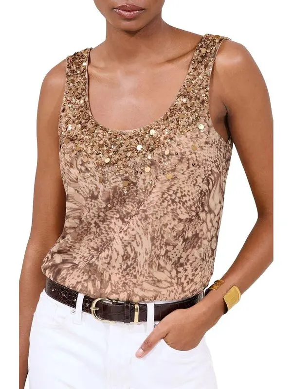LIPSY Sequin Animal Print Top - Brown