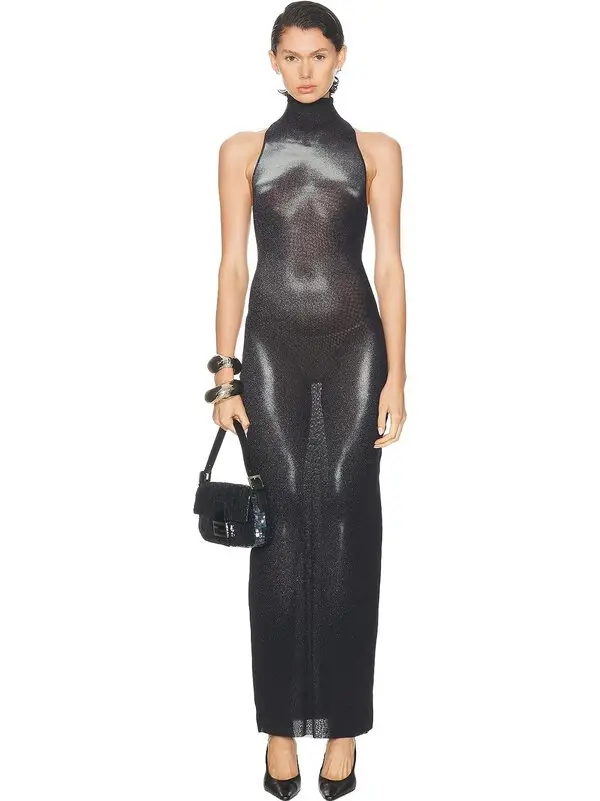 Jean Paul Gaultier High Neck Body Dust Printed Dress - Black & Silver