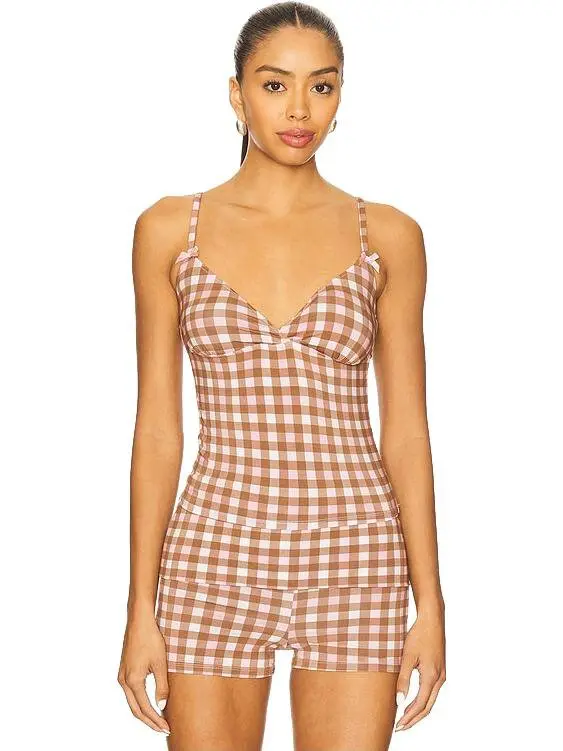 WeWoreWhat Crossover Cami Tank - Gingham Pink & Brown