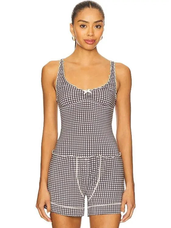 WeWoreWhat Lettuce Edge Tank - Gingham Antique White & Black