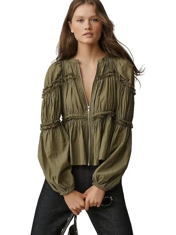Anthropologie Long-sleeve Puffy Zip-front Blouse - Olive