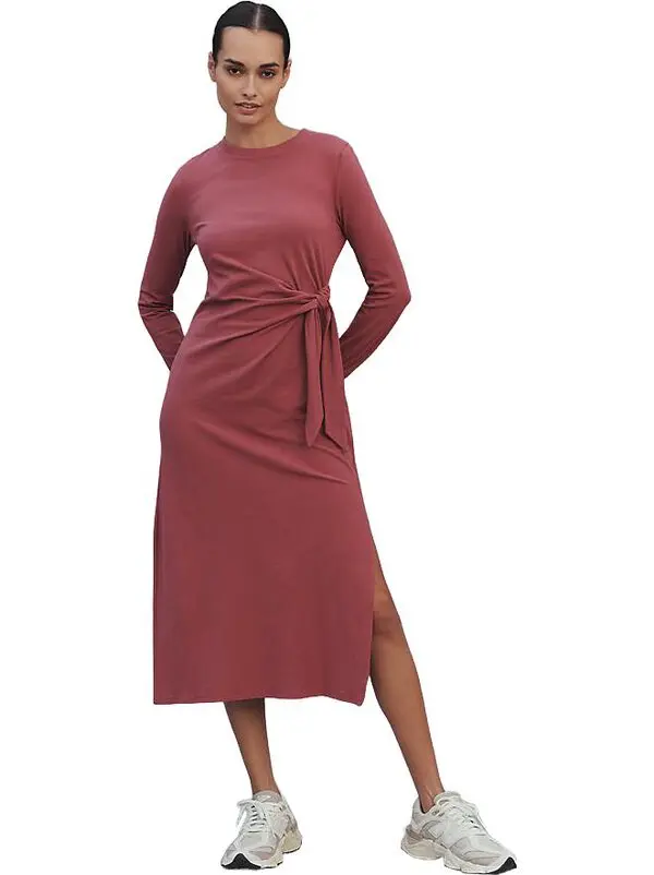 DAILY PRACTICE BY ANTHROPOLOGIE Daily Practice Tie Breaker Long-sleeve Midi Dress - Dusted Plum