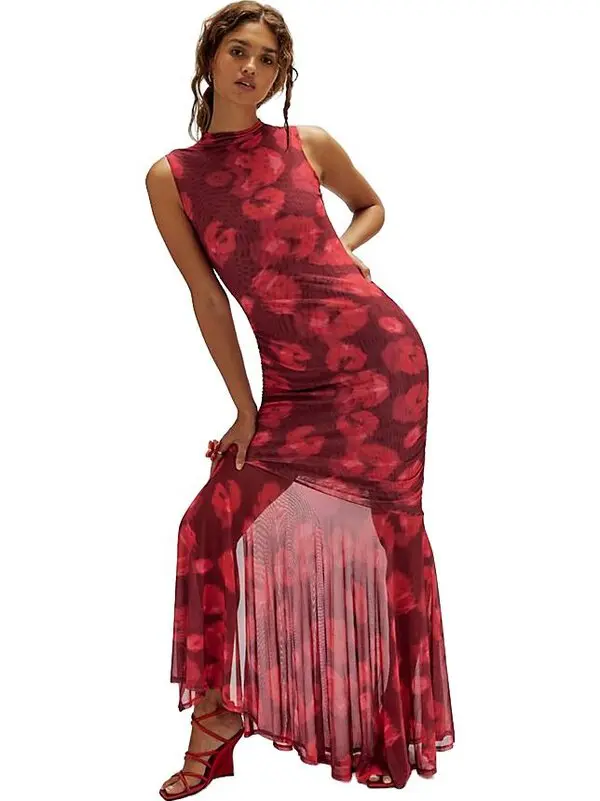 SAEMDI Abstract Mesh Tank Maxi Dress - Floral Print