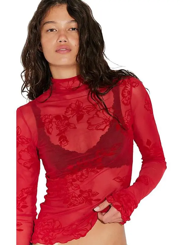 Free People Sheer Mock Neck Top - Deep Cherry