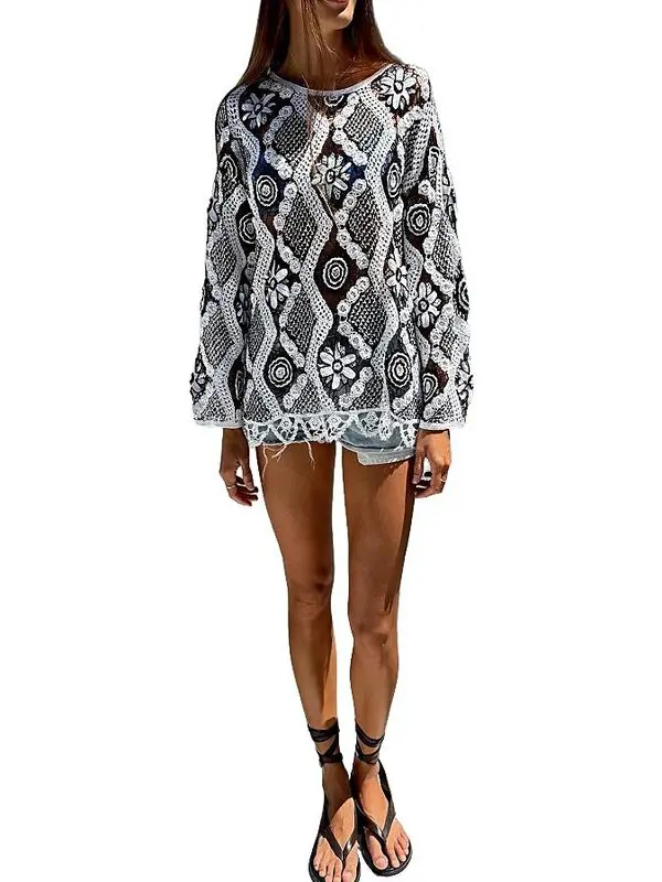 MADLY VINTAGE Crochet Long Sleeve Top - Black/white